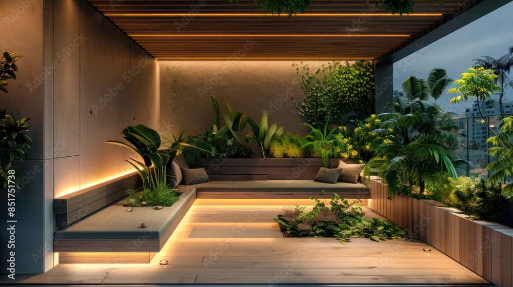minimalist terrace designed with a continuous bench, hidden planters ...