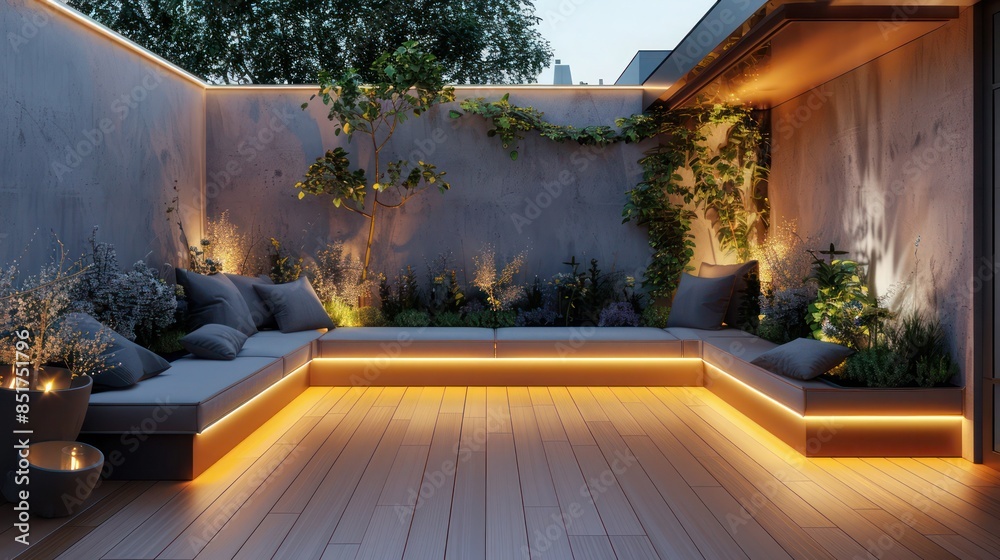 Foto de minimalist terrace designed with a continuous bench, hidden ...