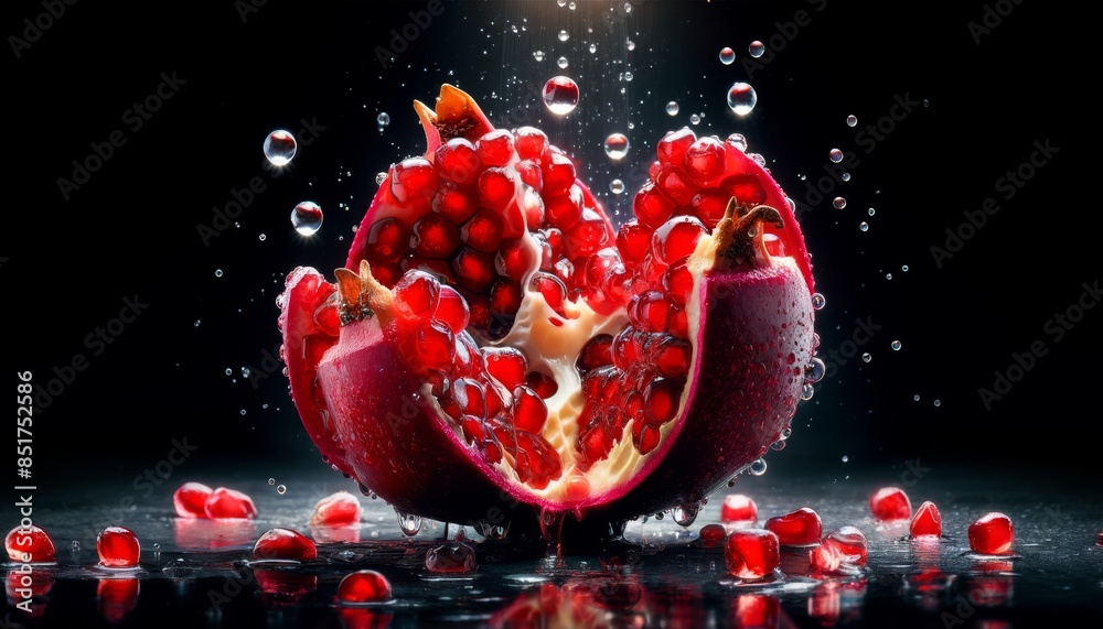 A close-up of a pomegranate split open, with a water droplet effect ...