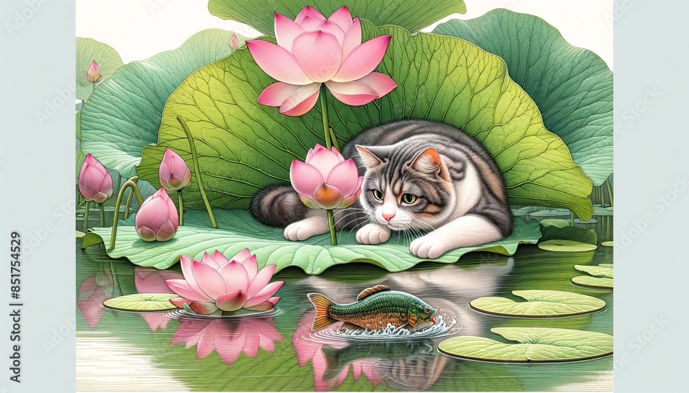 A detailed, focused image of a cat playfully swatting at a fish ...