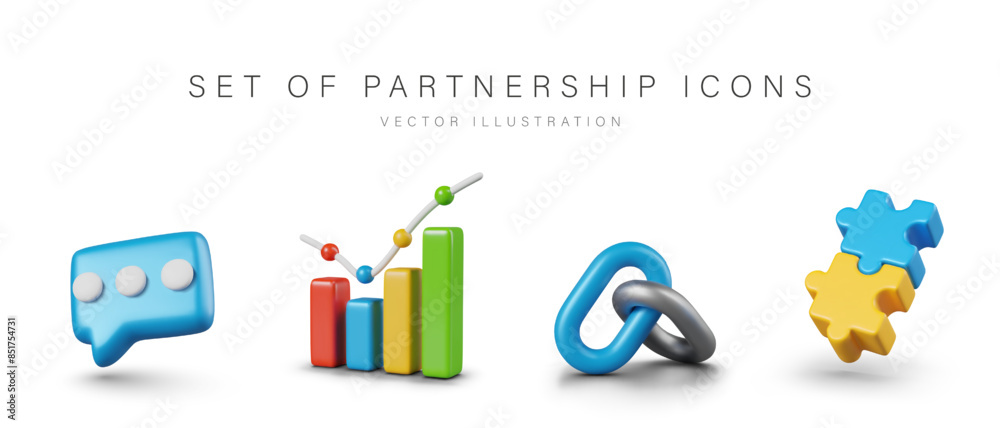 Speech bubble with three dots, color bar chart, chain link, connected ...