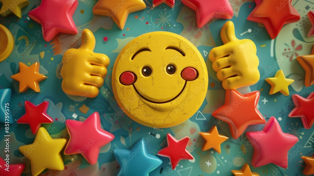Smiley face surrounded by positive symbols, thumbs-up gestures, stars ...