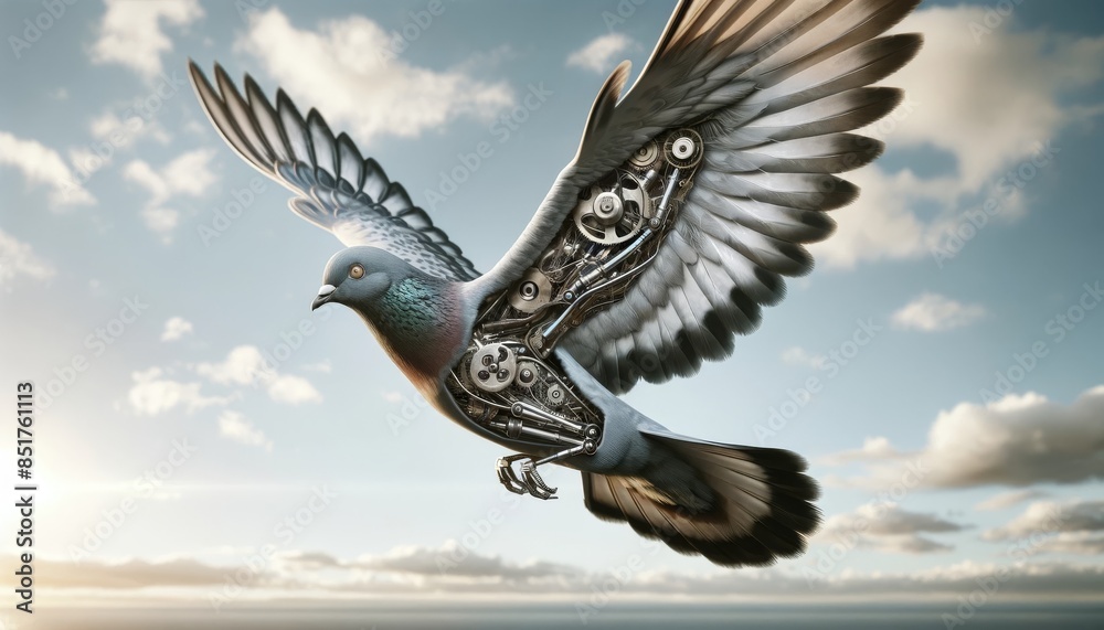 A pigeon flying with mechanical wings, showing the inner workings and ...