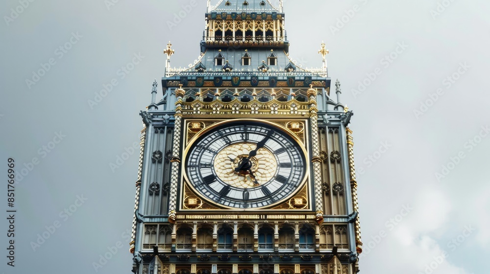 A detailed clock tower with visible clock face on a transparent ...