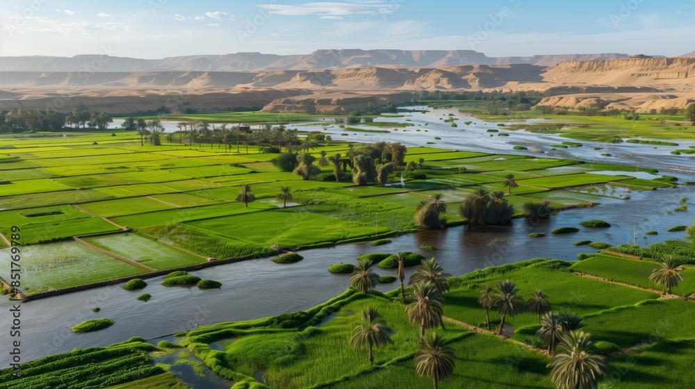 Lush green fields of agriculture thrive in the desert, nourished by the ...
