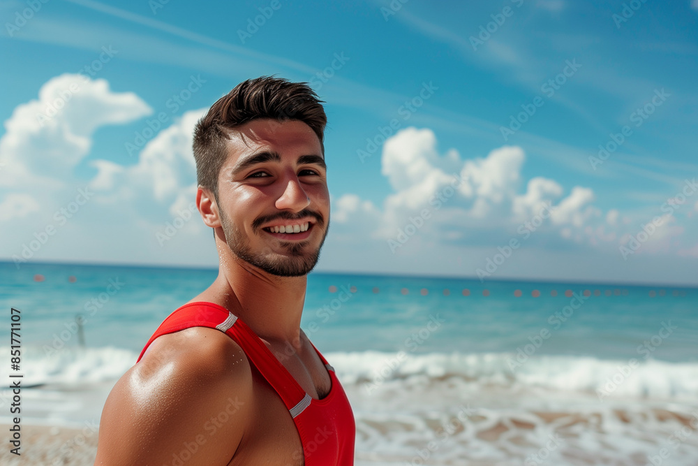 Male lifeguard on a beach by the sea dedicated to safety and protection ...