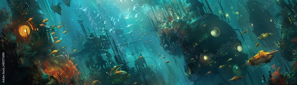 Vibrant underwater scene featuring glowing submarines and various ...