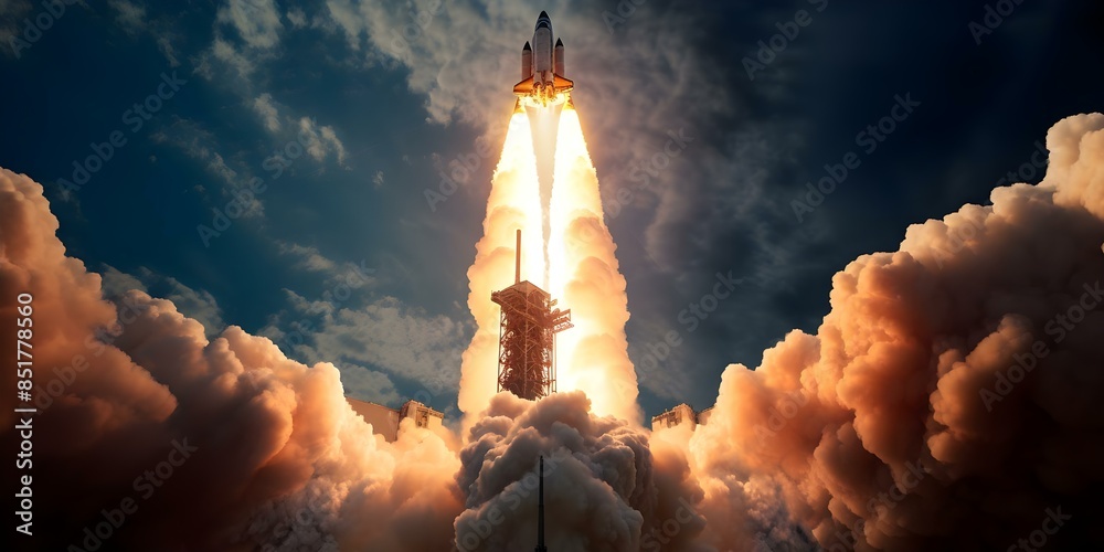 Blast of smoke as space shuttle lifts off into space. Concept Space ...