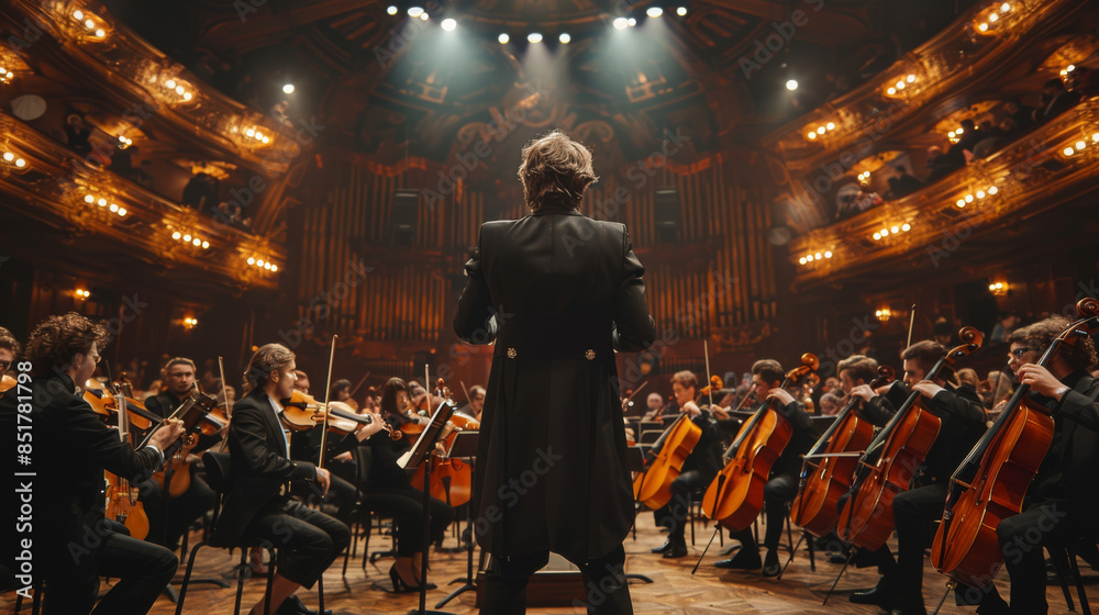Back View Cinematic shot of Conductor Directing Symphony Orchestra with ...
