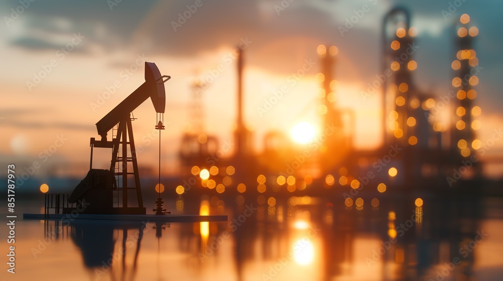 Sunset view of oil drilling rig in an industrial refinery landscape ...