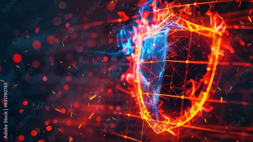 Abstract digital shield with fiery, dynamic colors representing ...
