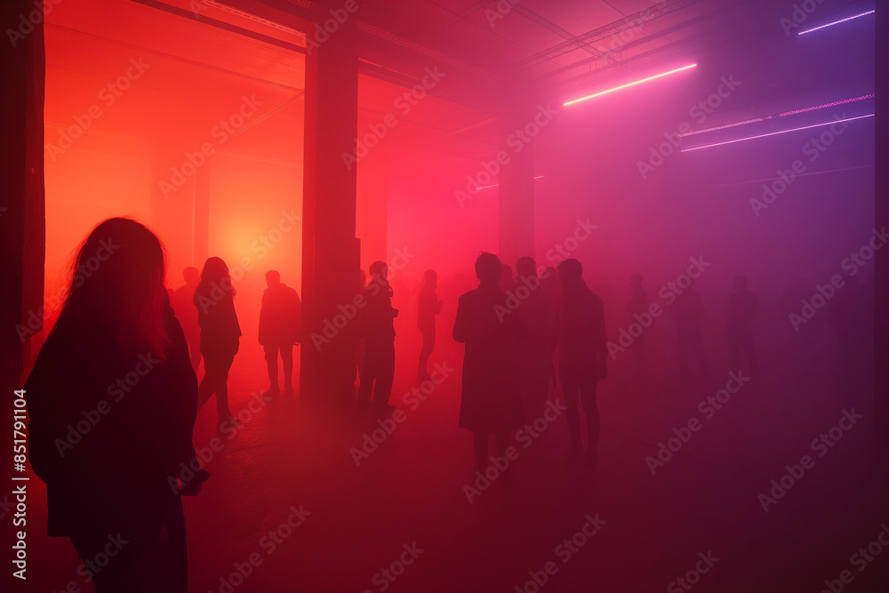 people of ai // party people standing in the mist, red and purple neon ...