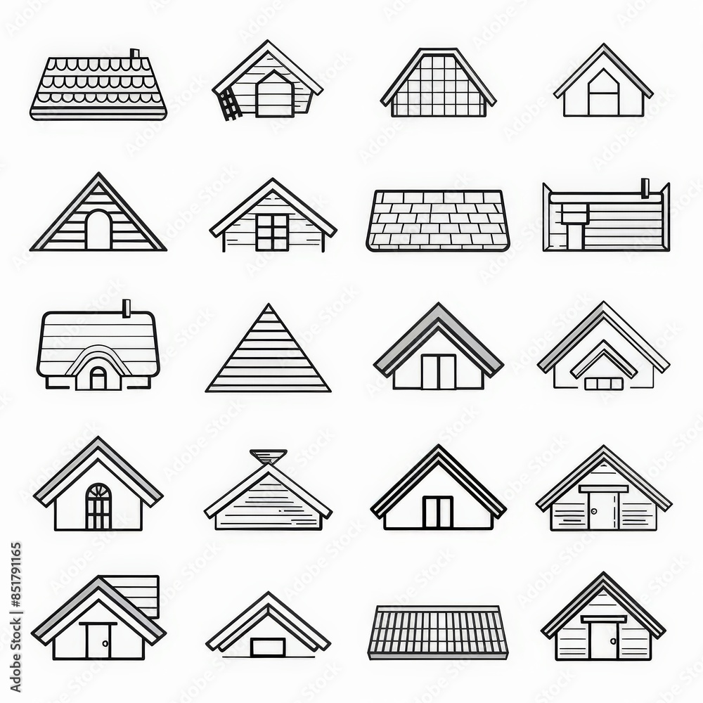 Elegant icons showing various roofing styles from flat roofs to pitched ...