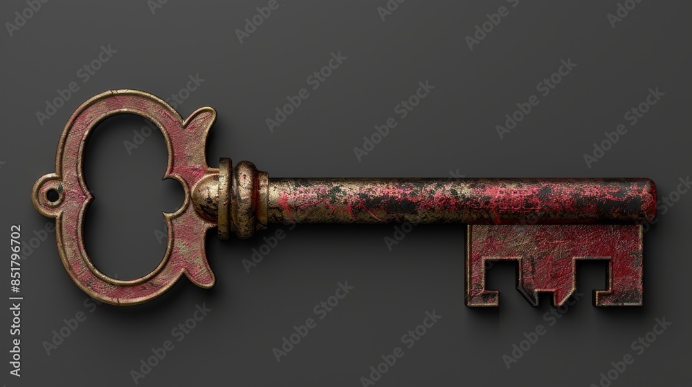 Close-up of an old, rusty vintage key with an intricate design on a ...