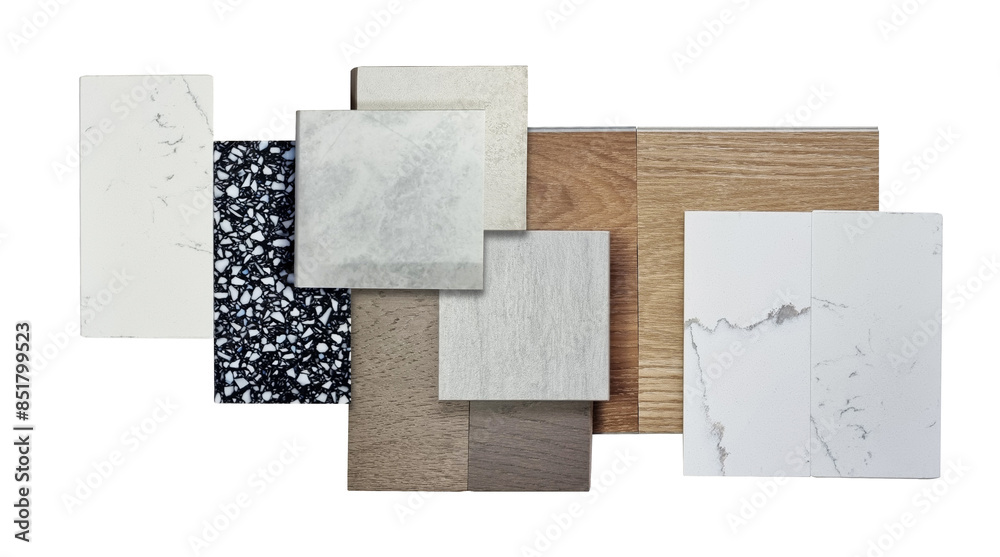 material samples for interior design contains stone ceramic tile, white ...