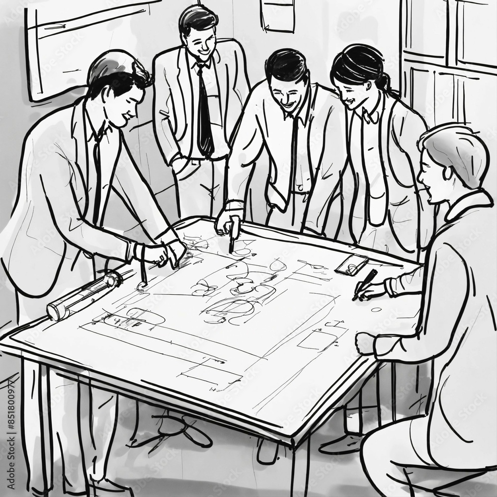 very simple drawing of a cheerful team creating a design on a ...