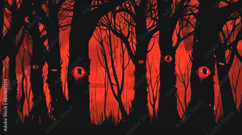 Eerie illustration of a dark forest with glowing red eyes peering from ...