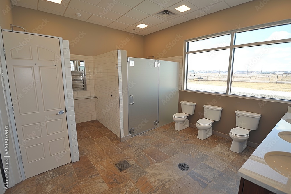 Modern Public Restroom With Three Toilets and a Large Window Stock ...