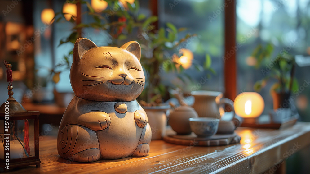 A clean, traditional Chinese tea shop counter with a smooth wooden ...