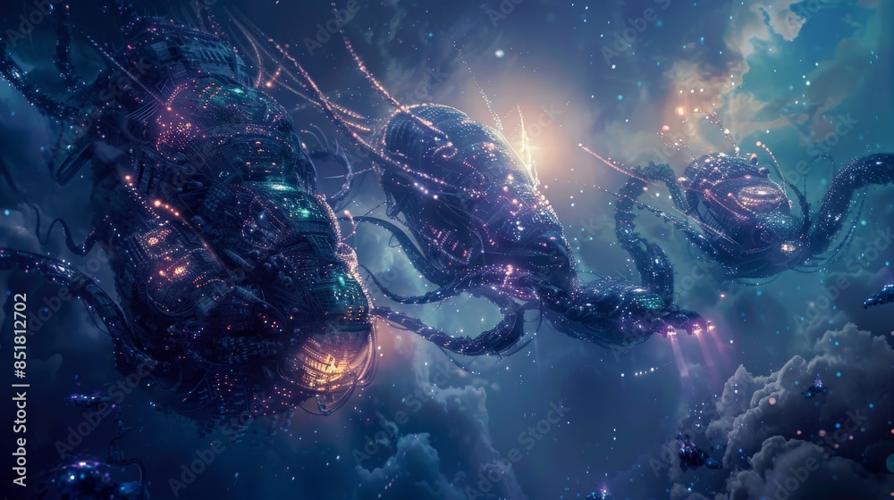 Stunning deep space sci-fi scene featuring alien spacecraft illuminated ...