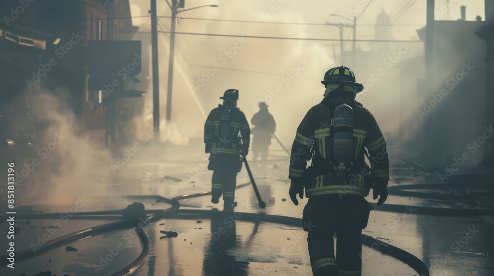 Firefighters navigating through the smoky aftermath of an extinguished ...