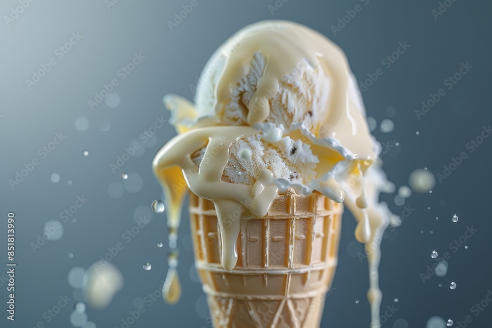 A sweet treat slowly losing its shape, drips of colorful ice cream ...