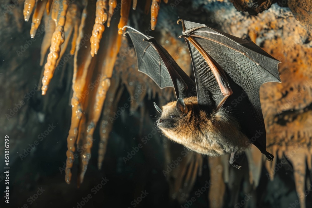 Bat in a cave: A solitary bat hanging upside down from the ceiling of a ...
