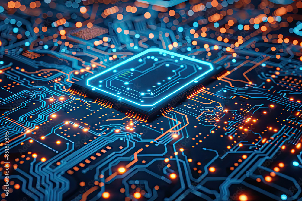 A computer chip is shown in a blue and orange color scheme. The chip is ...