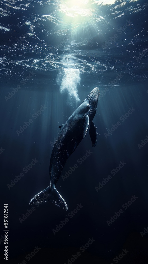 Blue whale in the ocean: A majestic blue whale swimming gracefully in ...