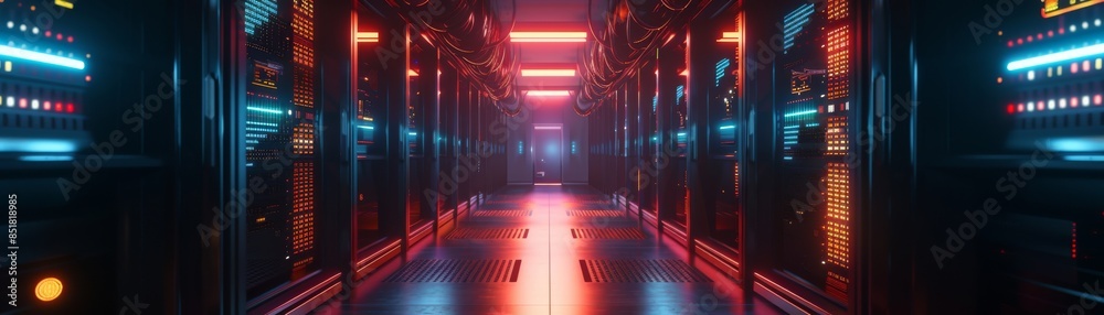 Modern data center with futuristic lighting, showcasing rows of server ...