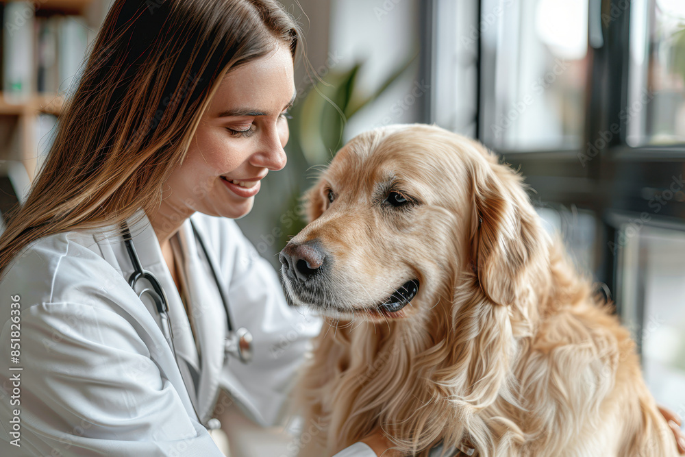 Caring Female Veterinarian Bonding with Golden Retriever Dog in Modern ...