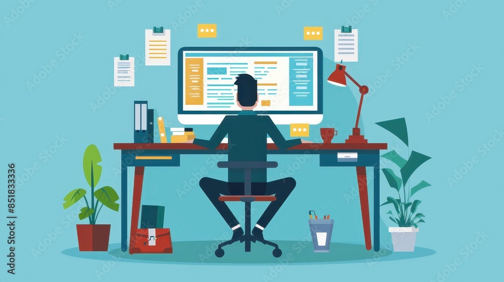 Person working at a desk, with a computer displaying documents, a plant ...