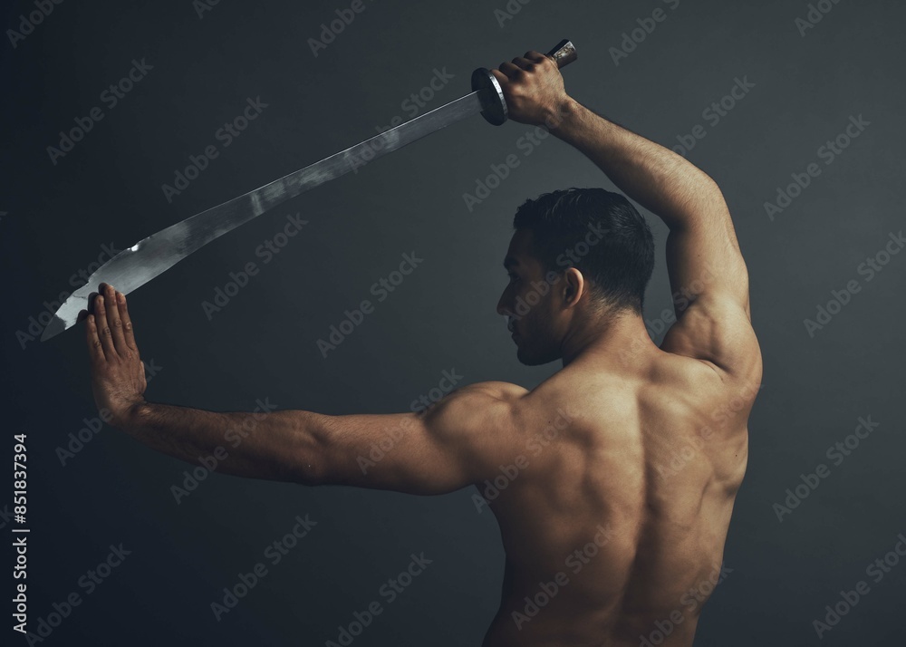 Man, back and samurai sword in studio for training, exercise and ...
