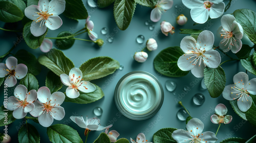 Beauty background with facial cosmetic products, leaves and cherry ...