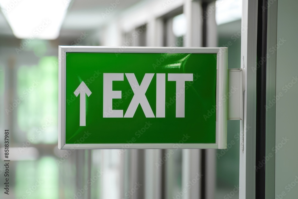 Green emergency exit sign in a hallway, indicating the direction to the ...