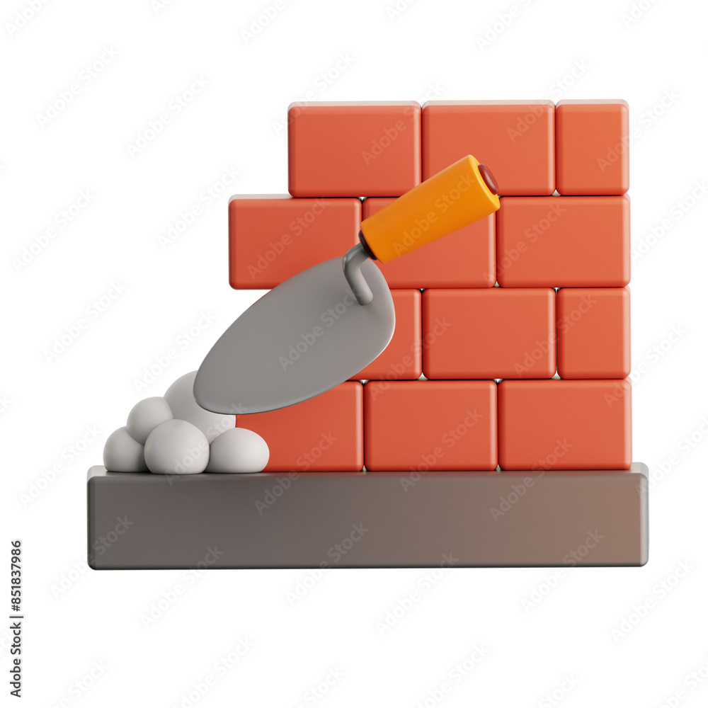 cement spoon pouring concrete on bricklayer for building wall ...