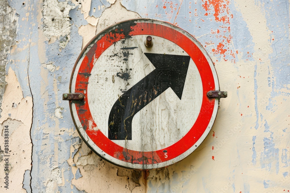 Old weathered traffic sign on peeling paint wall background, indicating ...