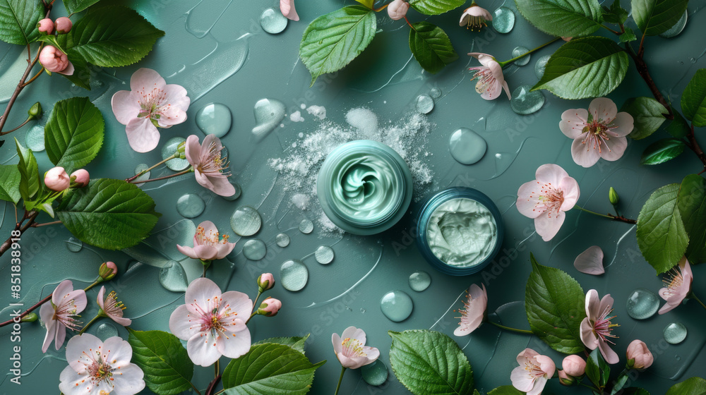 Beauty background with facial cosmetic products, leaves and cherry ...