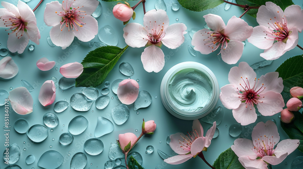 Beauty background with facial cosmetic products, leaves and cherry ...