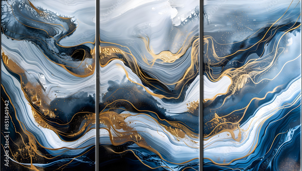 Abstract Modern Art, Three anonymous paintings on canvas with golden ...