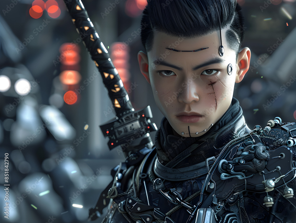 Cyberpunk Hanfu Warrior - Futuristic Chinese Swordsman in Mecha Armor ...