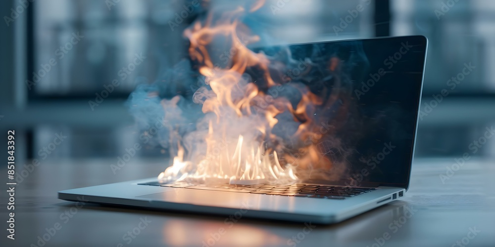 Laptop fire from lithium battery overheating and exploding Stock image ...