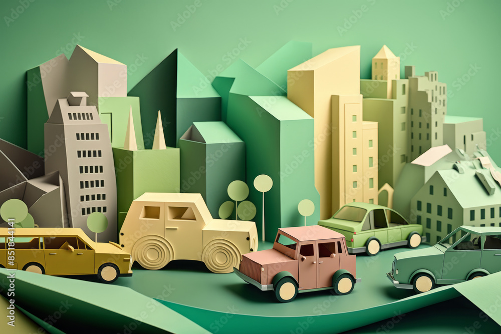 Stylized paper craft city scene with retro cars and buildings in pastel ...