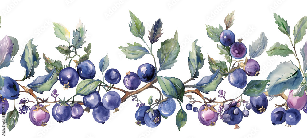 Seamless Horizontal Watercolor berry Bush Shrubs Bottom Border isolated ...