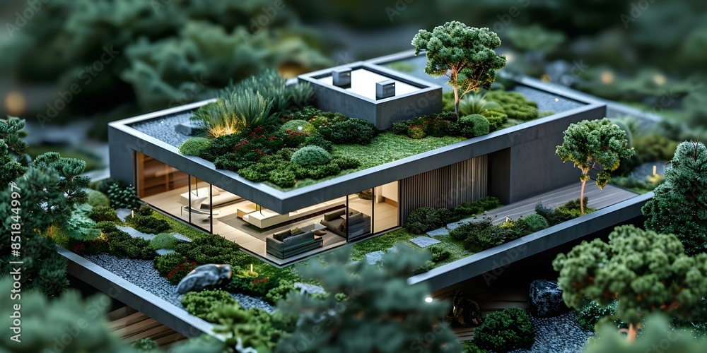 Modern house with green roof and sustainable design in urban setting ...