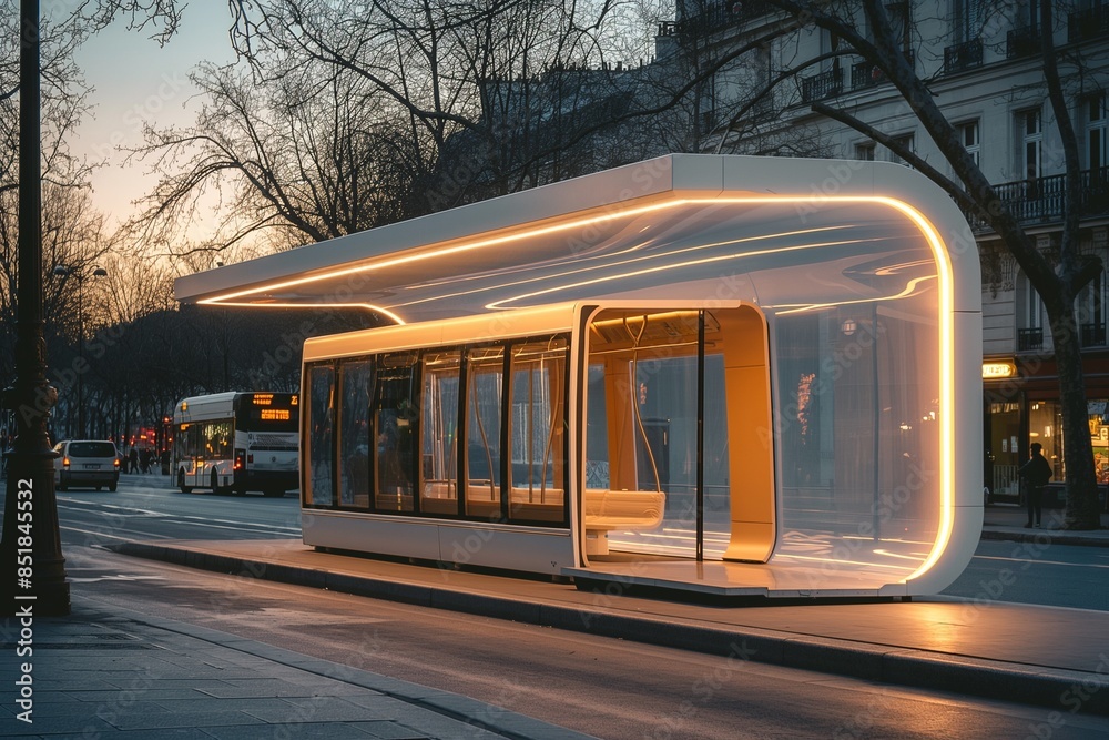 Stylish bus stop in Paris with a white and gold design. The scene ...