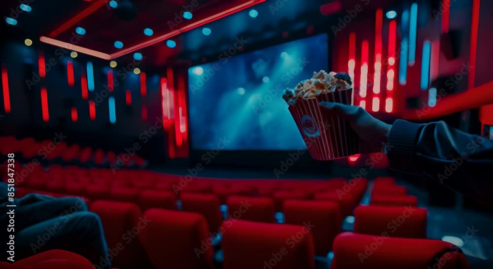 Man holding a popcorn box at a cinema. Action, thriller, or sci-fi entertainment on screen with ...