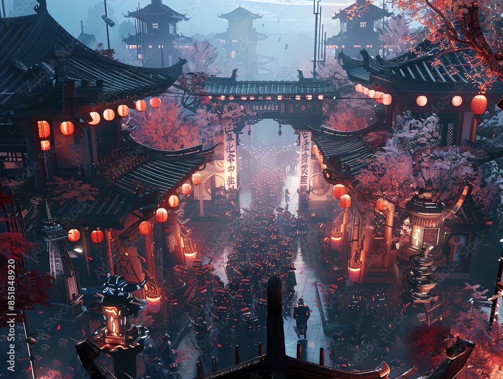 Craft a visually stunning scene depicting a birds-eye view of a ...