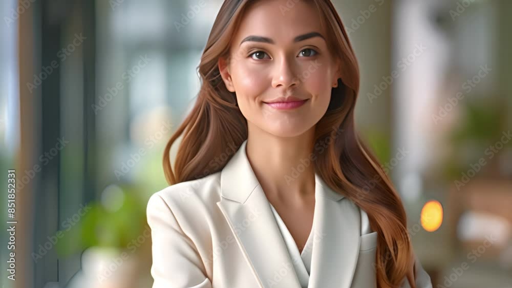 Asian female executive with long hair, a sweet grin, crossed arms, and ...