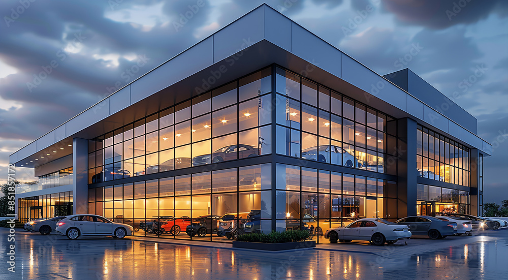 A modern car showroom exterior with cars parked in front. The building ...